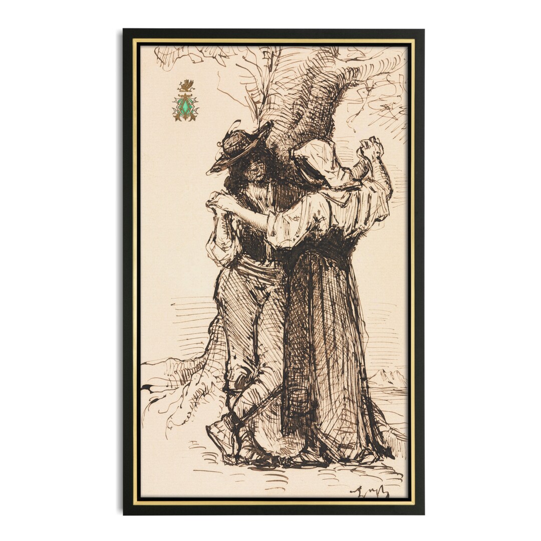 Romantic Victorian Pen and Ink Drawing, Couple Courting by a Tree, Leon ...