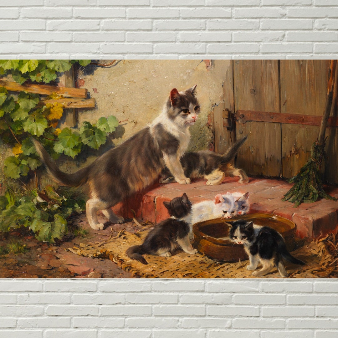 Victorian Mother Cat and Kittens Painting, Vintage Kitten Art, High ...