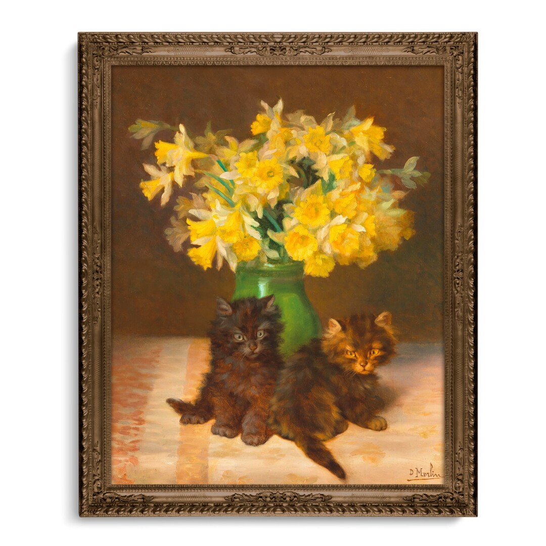 Fuzzy Kittens With Daffodils, Unframed Art Print, Antique Vintage ...