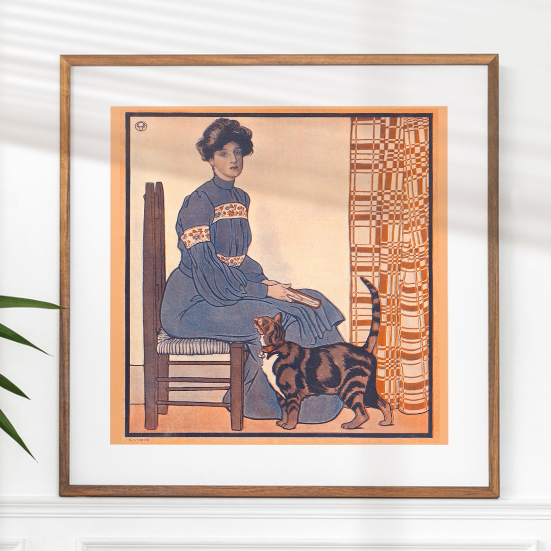 Edwardian Lithograph Print, Woman With a Cat, Vintage Illustration ...