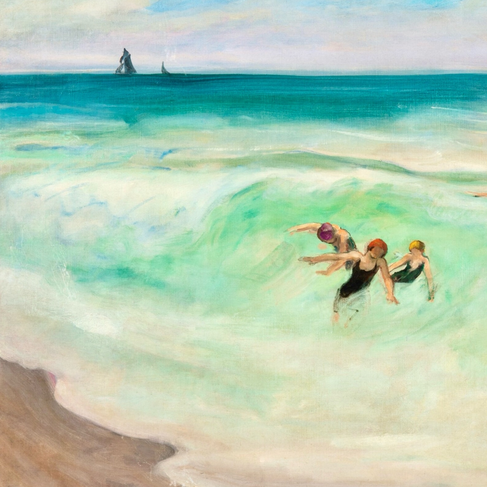 Bathers in the Wave, Woman Playing in the Ocean, Beach Art Print, Henri ...