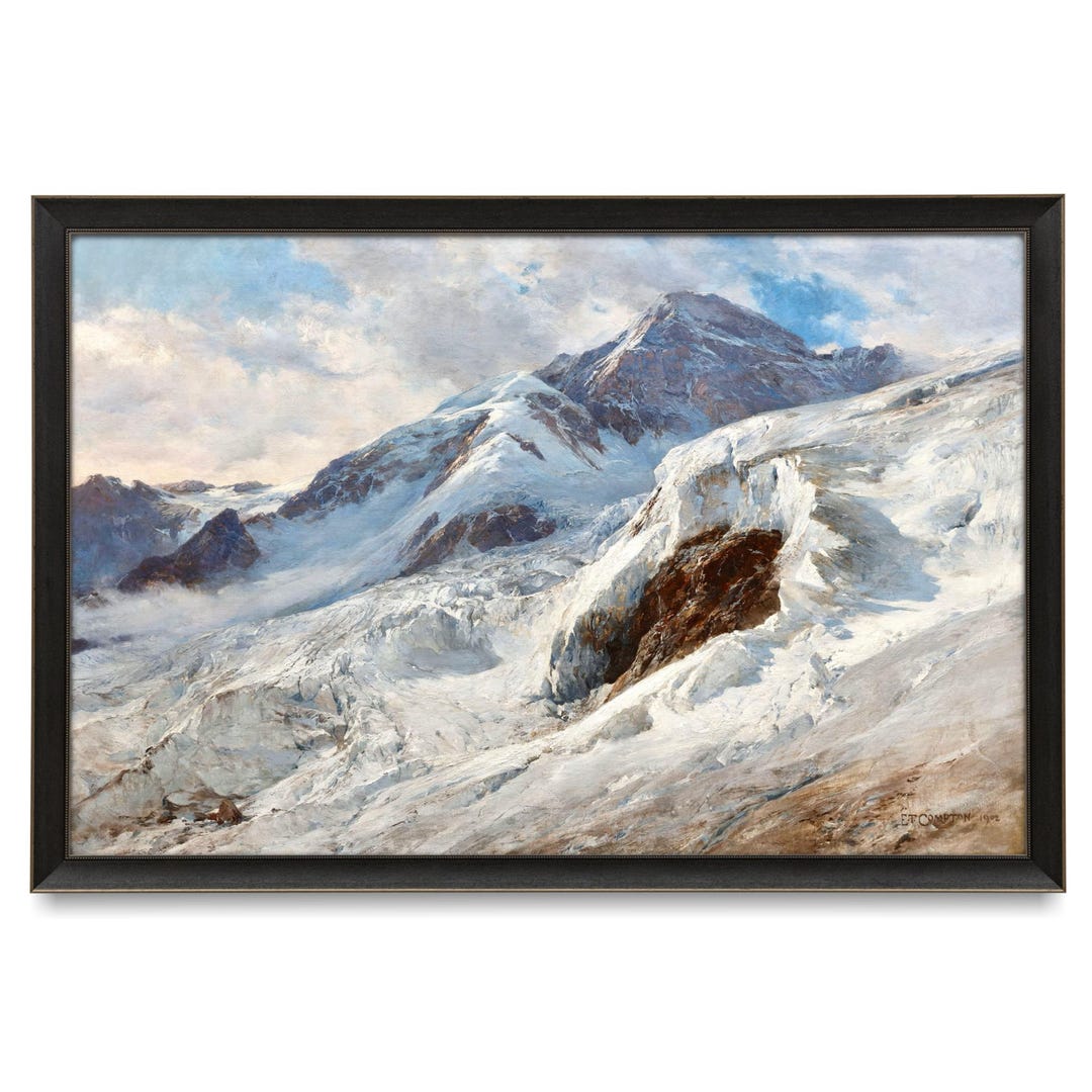 Snowy Mountaintop Art, Alpine Mountain Landscape, Vintage Painting Art ...