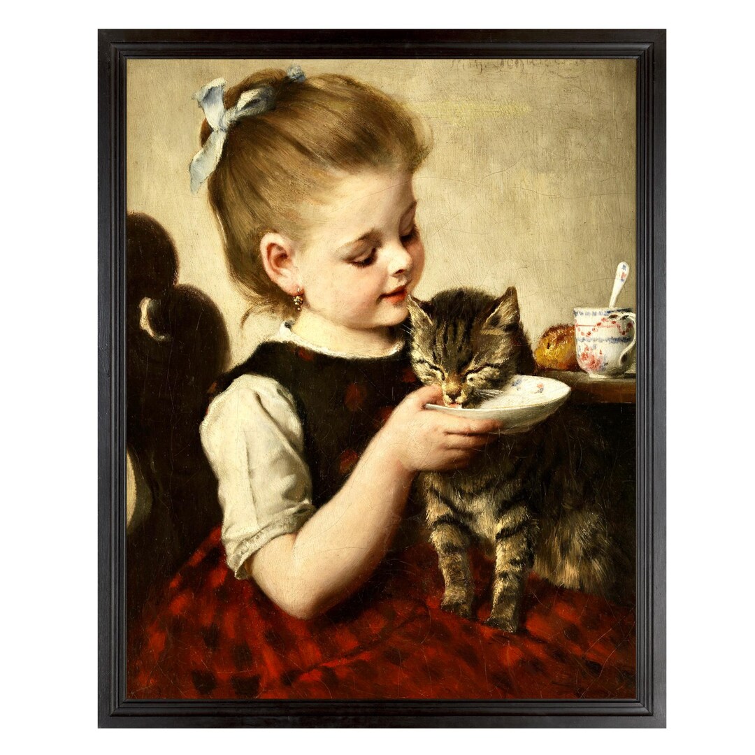 Girl and Brown Tabby Cat, Cute 19th Century German Painting Art Print ...