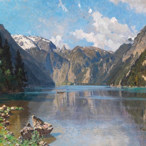 Beautiful Lake Painting, Bavarian Alps, High Quality Fine Art Print ...