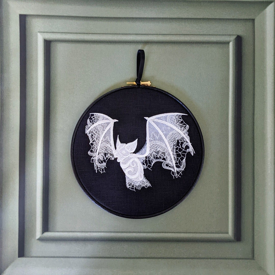 White Lace Embroidered Bat. Machine Embroidery 8" Hoop. Vintage ...