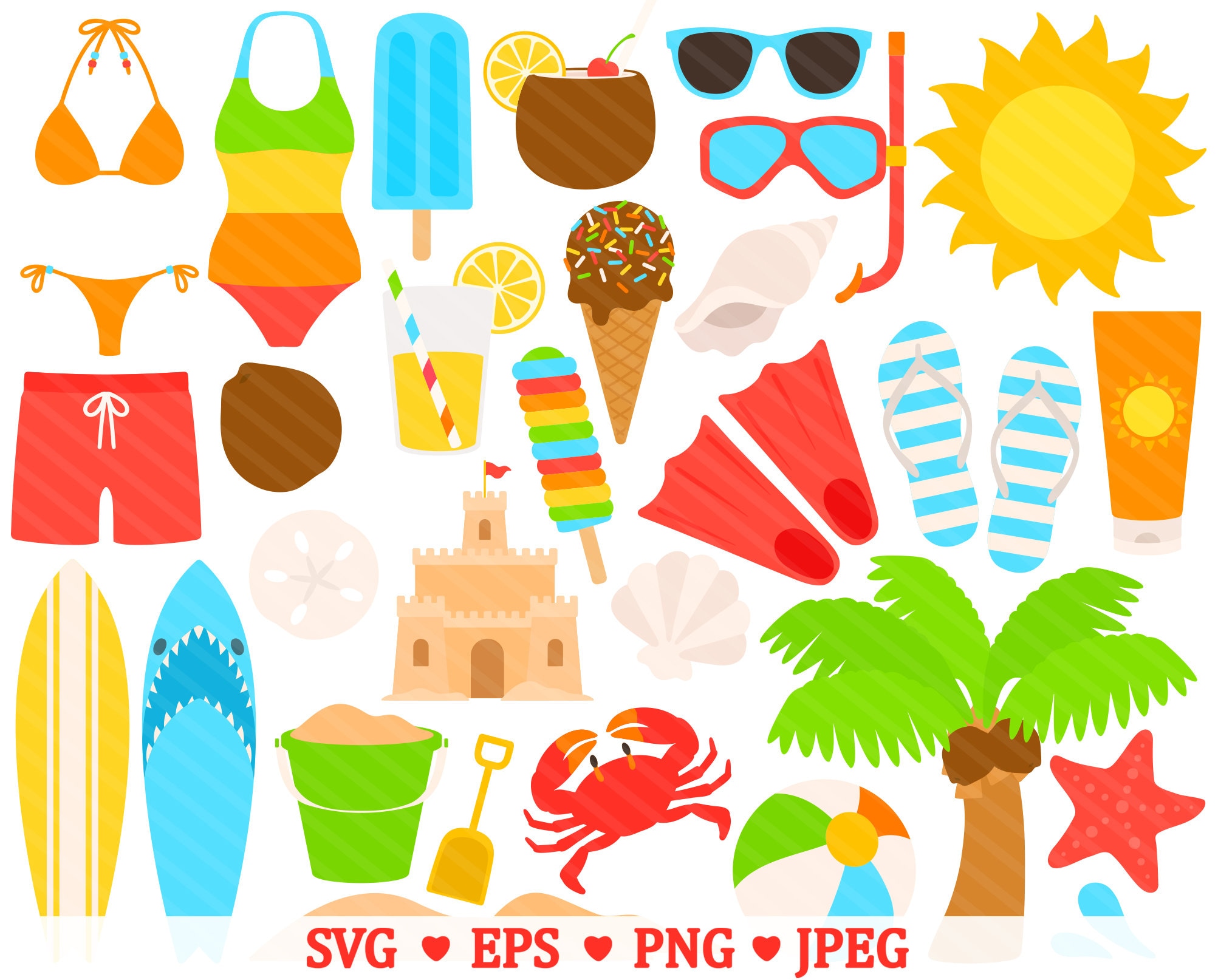 Beach Day SVG Clipart Sandcastle Swimsuit Pool Party Palm Tree Crab ...