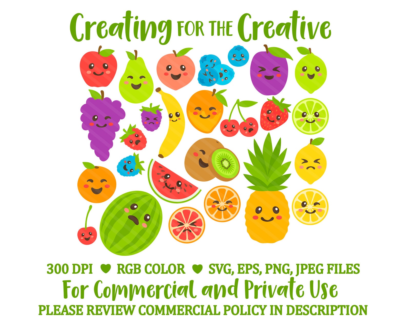 Kawaii Fruit SVG Clipart Pineapple Kiwi Banana Peach Apple Pear ...