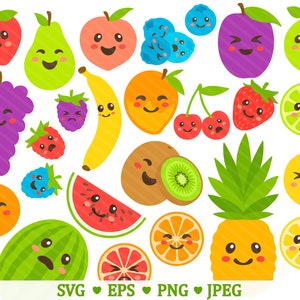 Kawaii Fruit SVG Clipart Pineapple Kiwi Banana Peach Apple Pear ...
