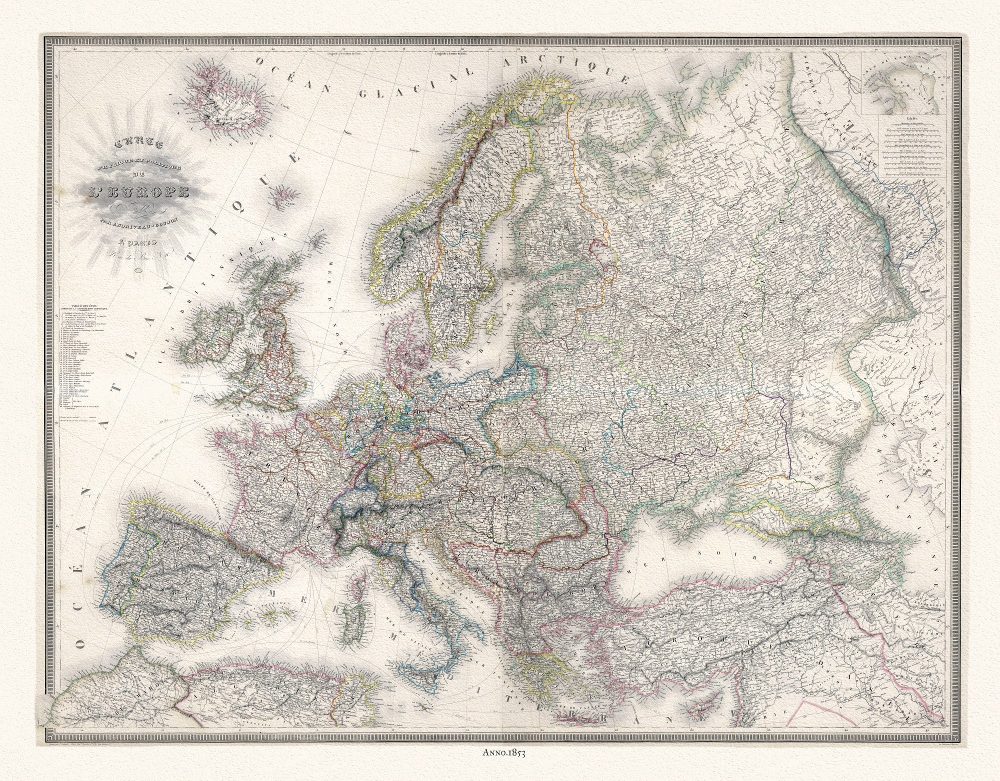 Andriveau, Carte Generale D'europe , 1826, Map on Heavy Cotton Canvas ...