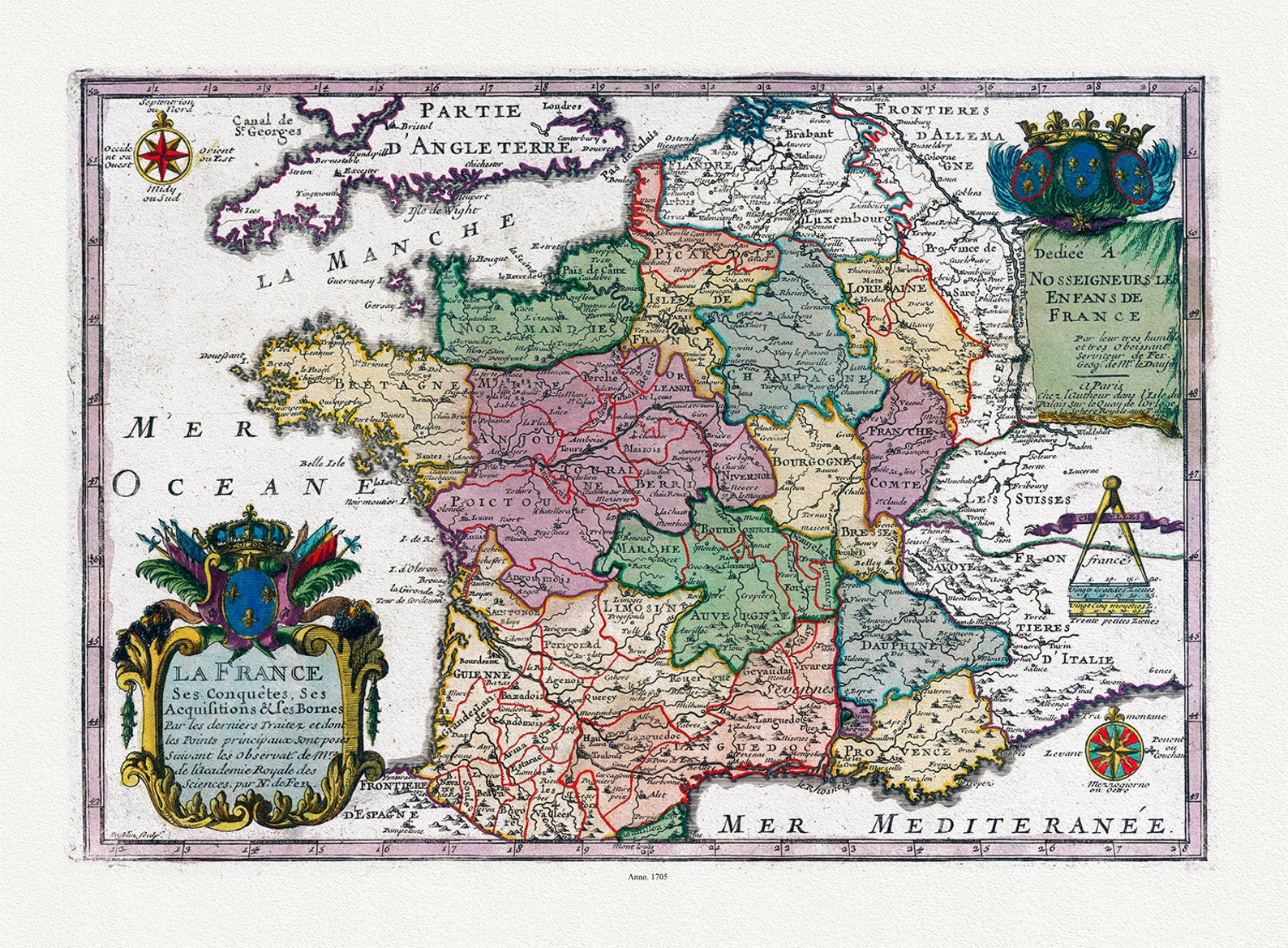 France: Fer nicolas De, 1646-1720, La France, 1705 , Map on Heavy ...