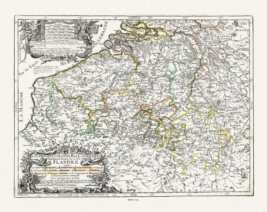Low Countries: Flanders, Belgium, Luxembourg, 1704, Sanson Auth., Map ...