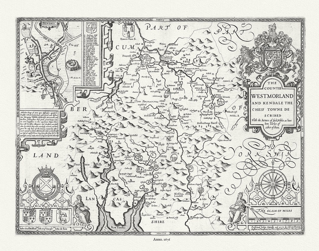 England. Westmoreland, 1676, Speed Auth., Map on Durable Cotton Canvas ...