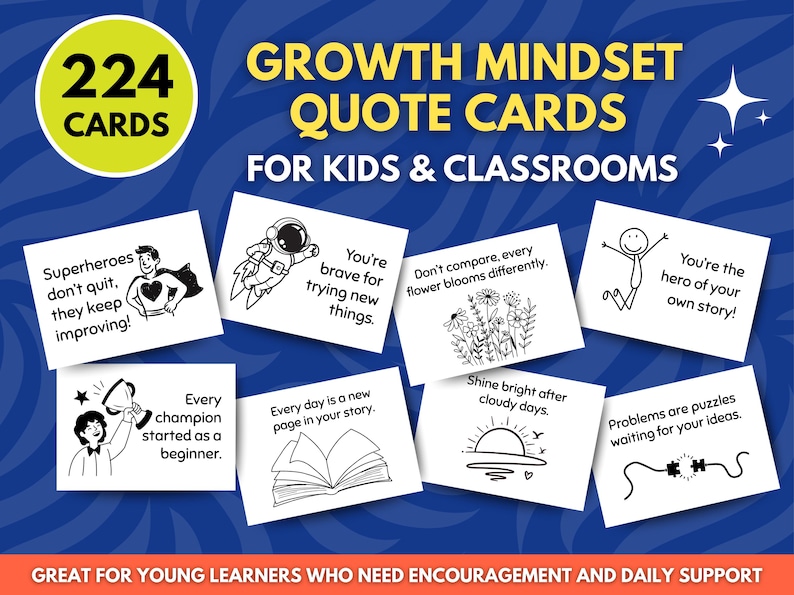 224 Printable Growth Mindset Cards for Kids | A4 Motivational Quote ...