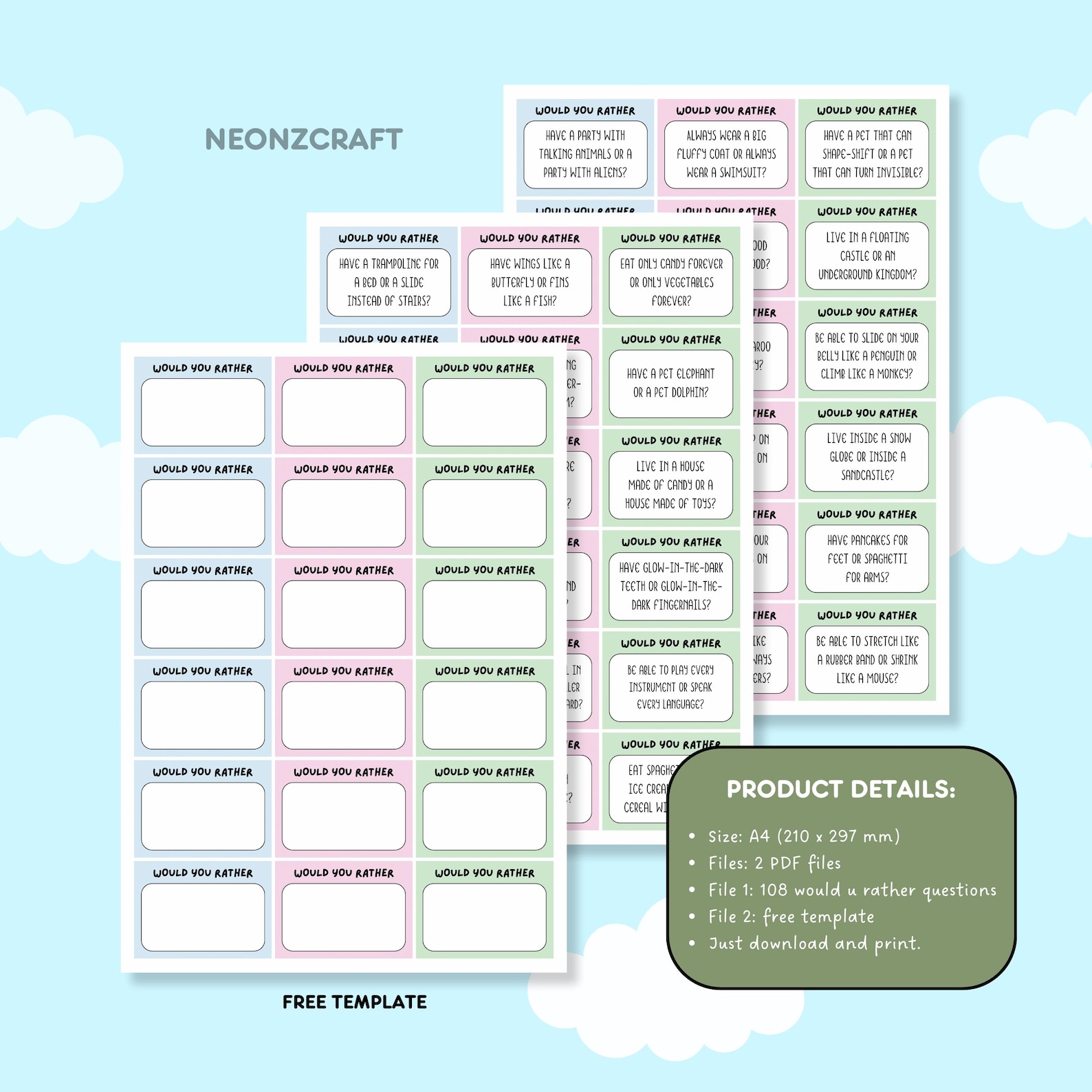 Would You Rather Questions Game for Kids + Free Template (digital ...