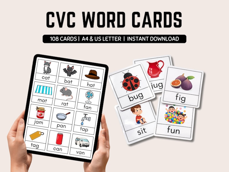 108 CVC Words Reading Printable | Montessori Phonics Cards ...