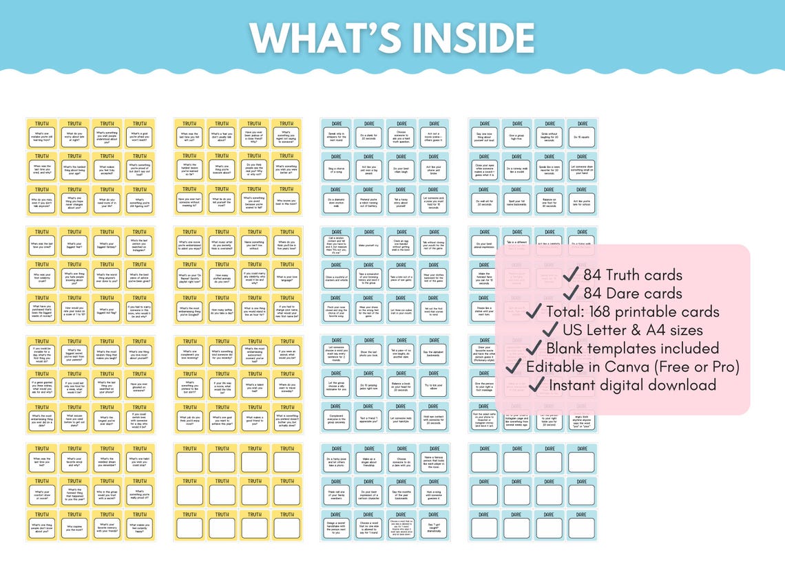 Fun Truth & Dare Cards – Editable Printable Game for Kids, Teens and ...