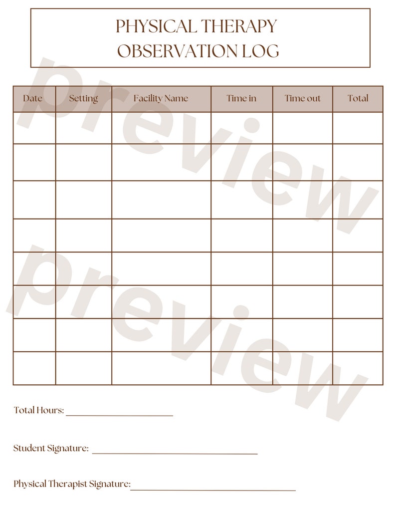 Physical Therapy Observation Hour Log, PT Observation Hour Log, PT Hour ...
