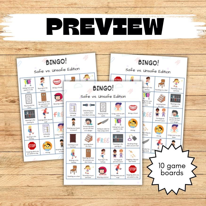 Safe Vs. Unsafe Bingo Game, Safety Awareness for Kids, Safety Awareness ...