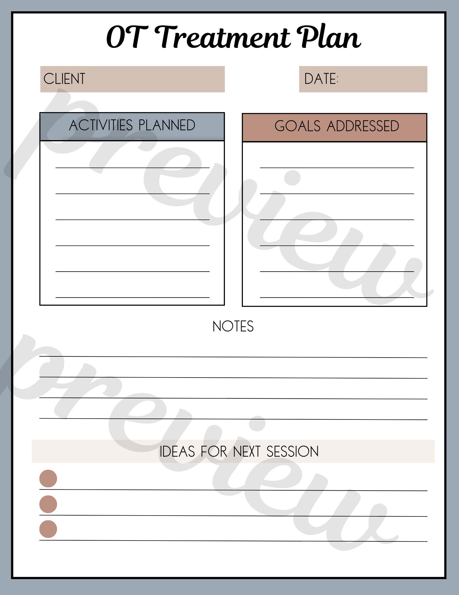 Occupational Therapy Treatment Plan Templates; Pediatric OT Treatment ...