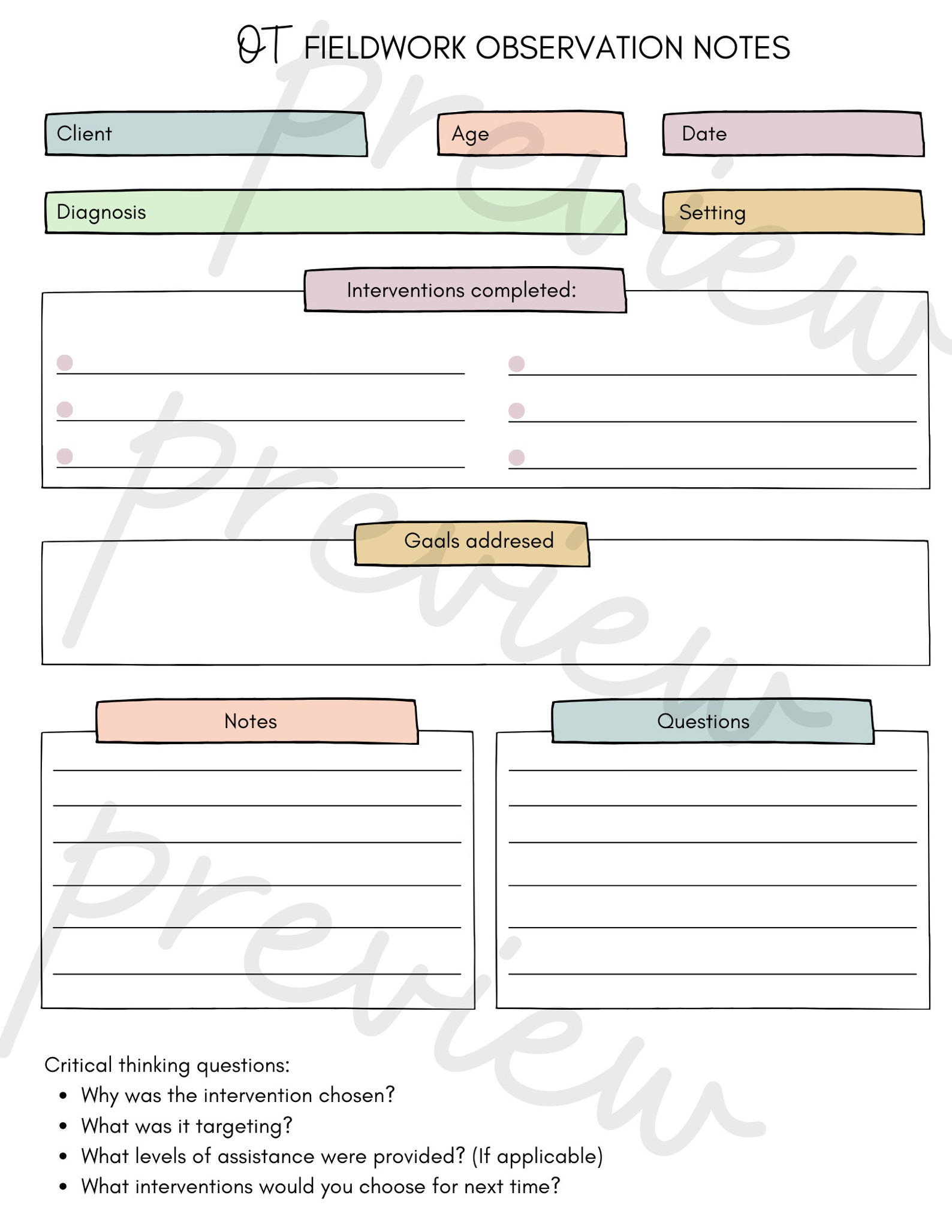 Occupational Therapy Student Observation Note Template; OT Fieldwork ...