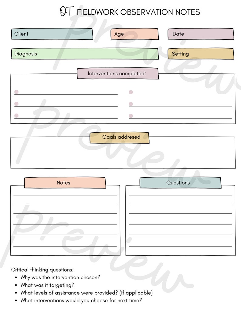 Occupational Therapy Student Observation Note Template; OT Fieldwork ...