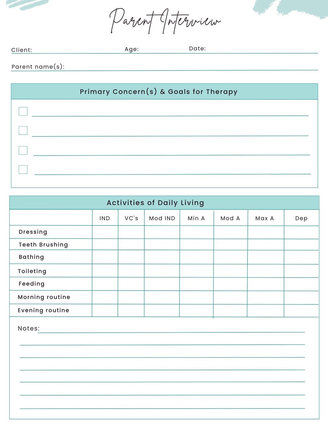 Pediatric Occupational Therapy Parent Interview Form - Etsy