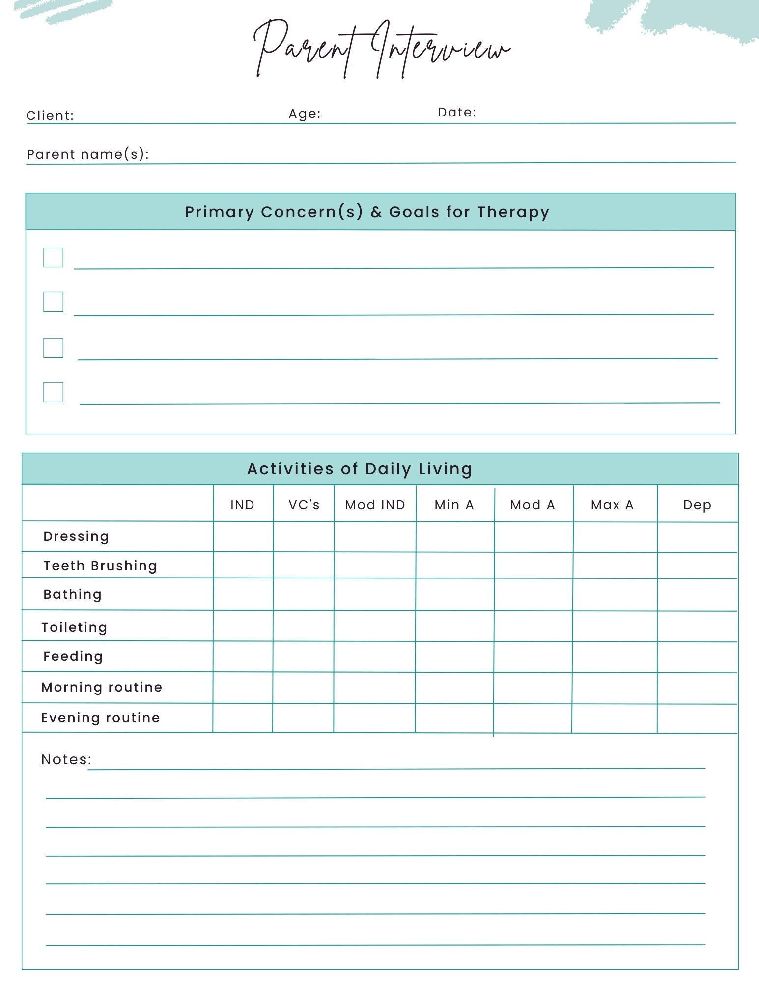 Pediatric Occupational Therapy Parent Interview Form - Etsy