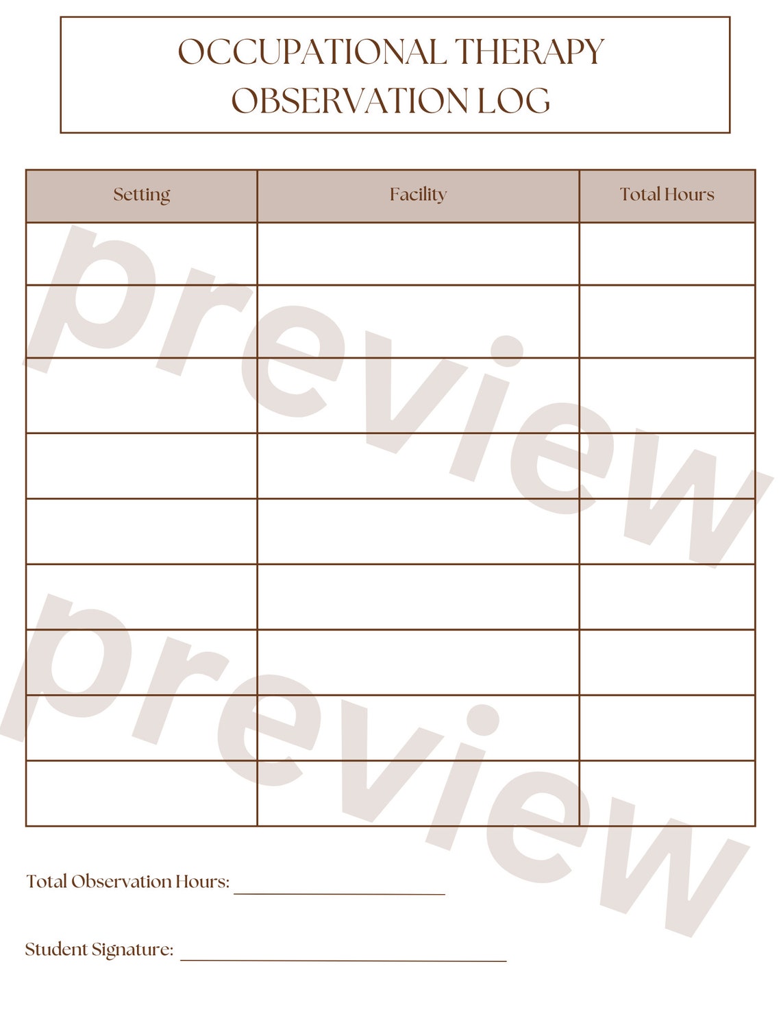 Occupational Therapy Student Observation Hours Log, COTA Observation ...