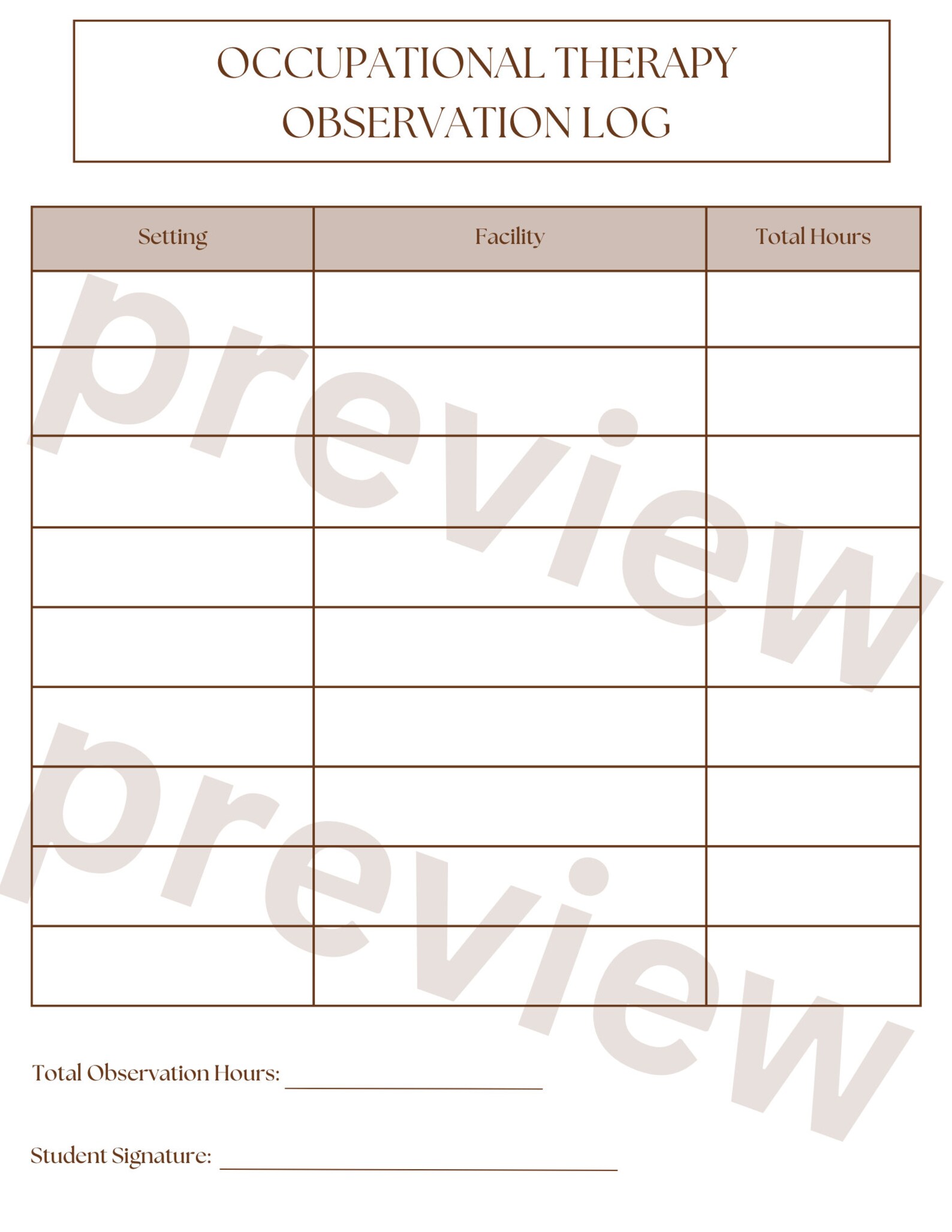 Occupational Therapy Student Observation Hours Log, COTA Observation ...