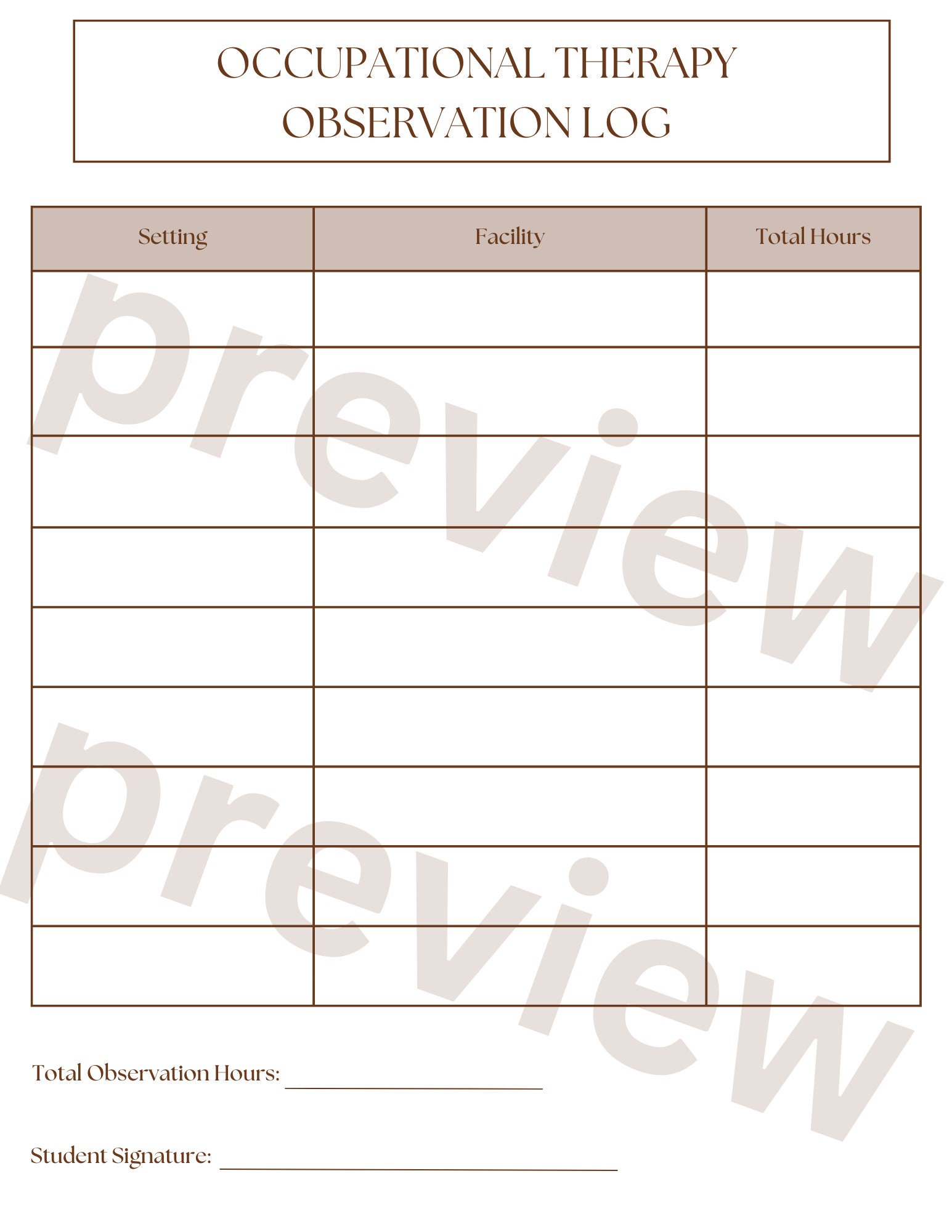 Occupational Therapy Student Observation Hours Log, COTA Observation ...