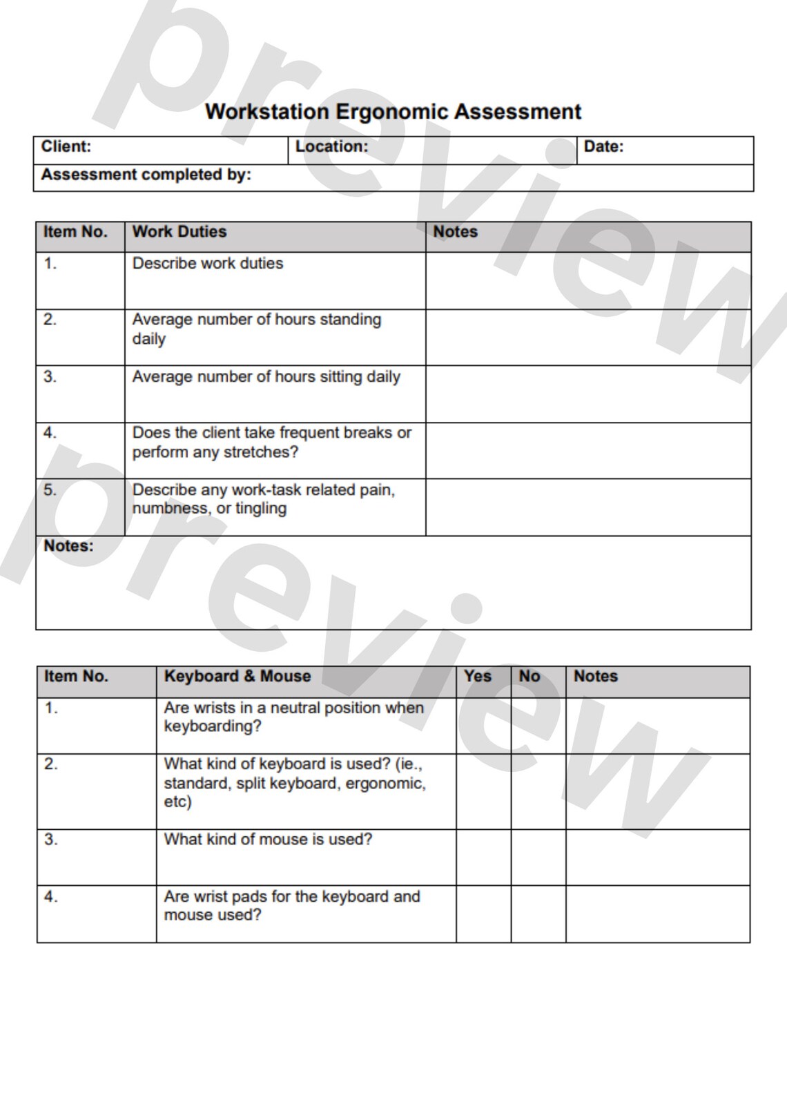 Ergonomic Workstation Assessment Template; Occupational Therapy ...