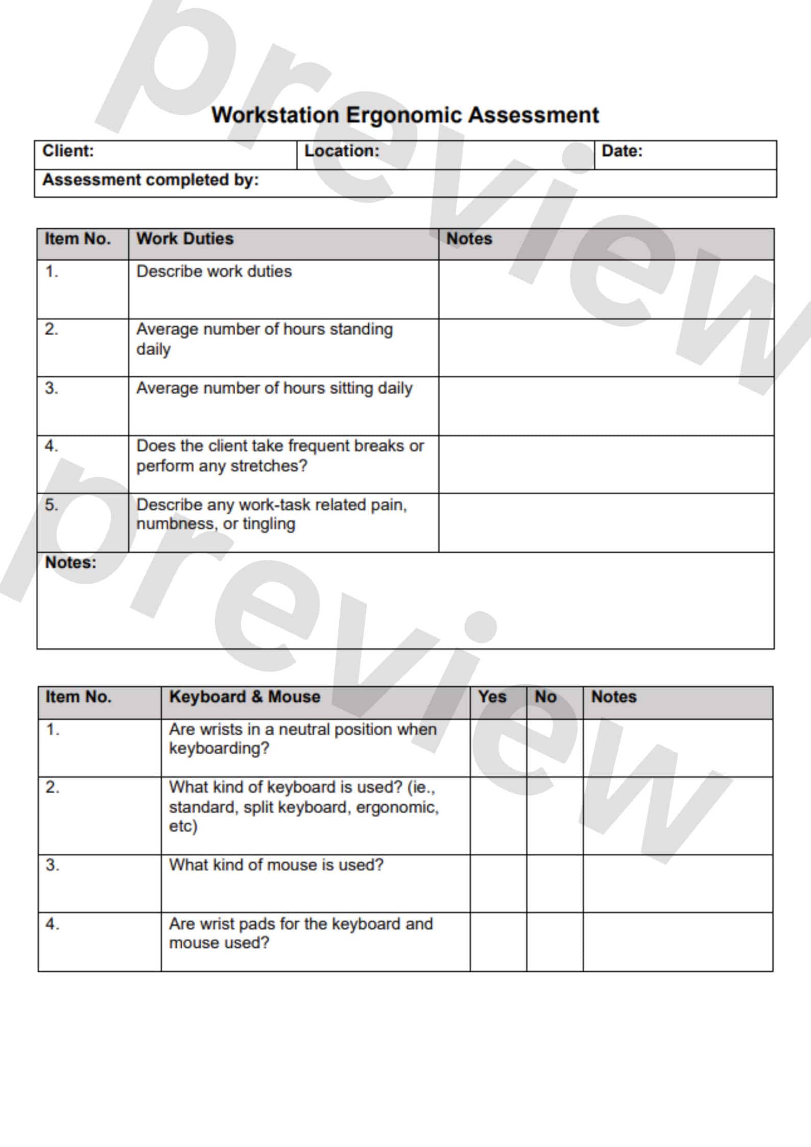 Ergonomic Workstation Assessment Template; Occupational Therapy ...