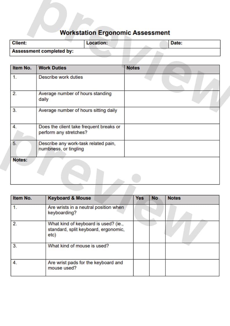 Ergonomic Workstation Assessment Template; Occupational Therapy ...