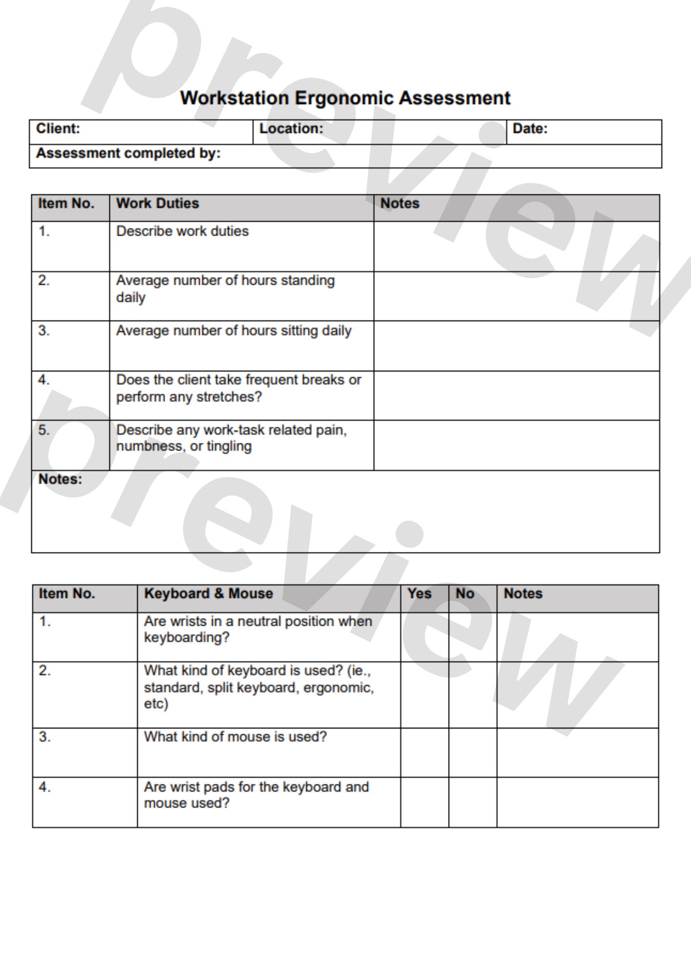 Ergonomic Workstation Assessment Template; Occupational Therapy ...