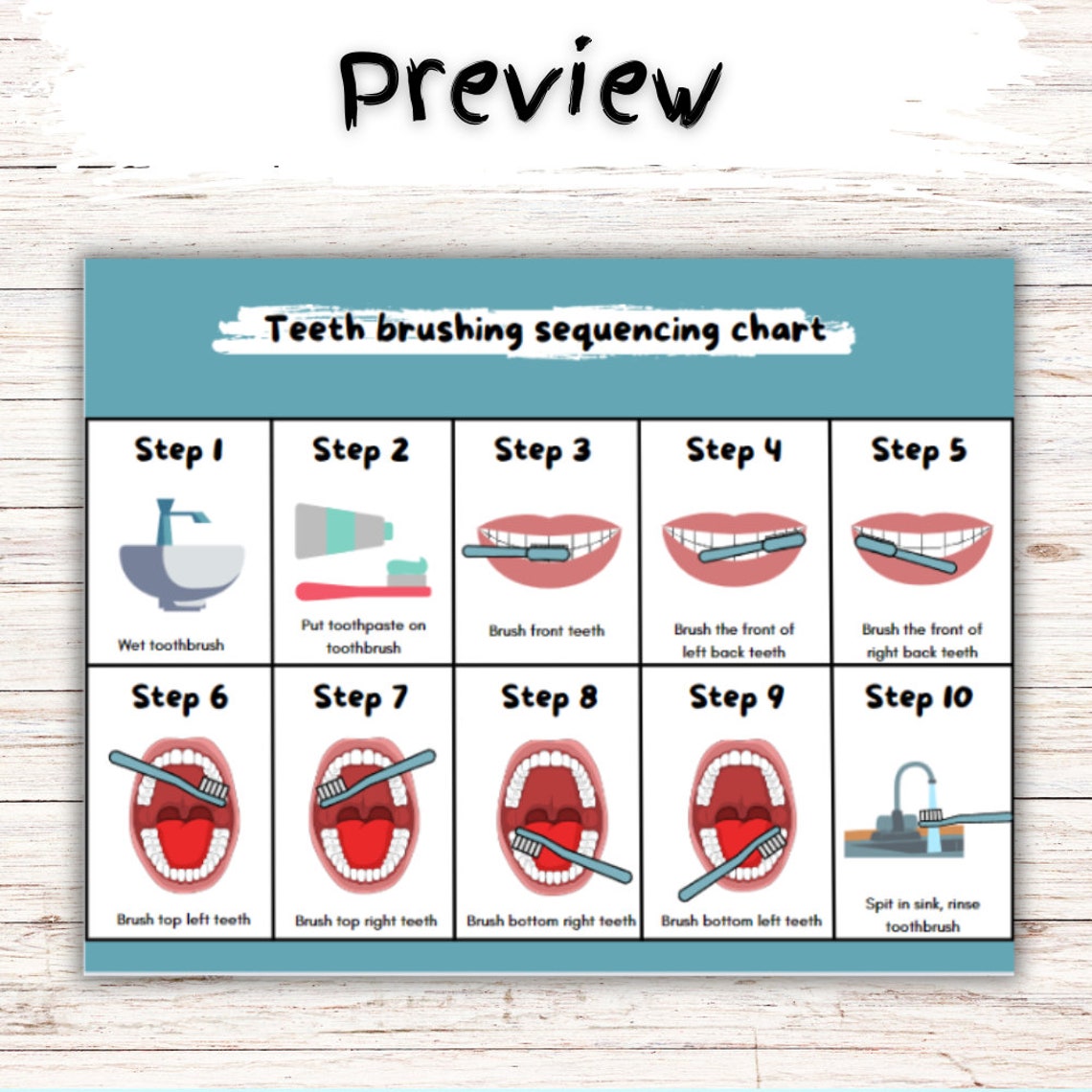 Teeth Brushing Sequencing Chart, Teeth Brushing Visual Aid, Step-by ...