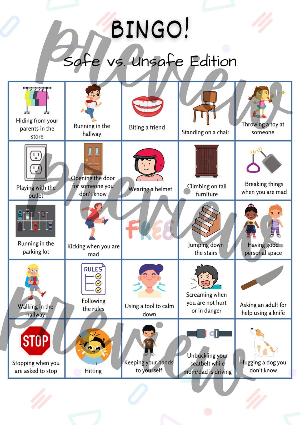 Safe Vs. Unsafe Bingo Game, Safety Awareness for Kids, Safety Awareness ...