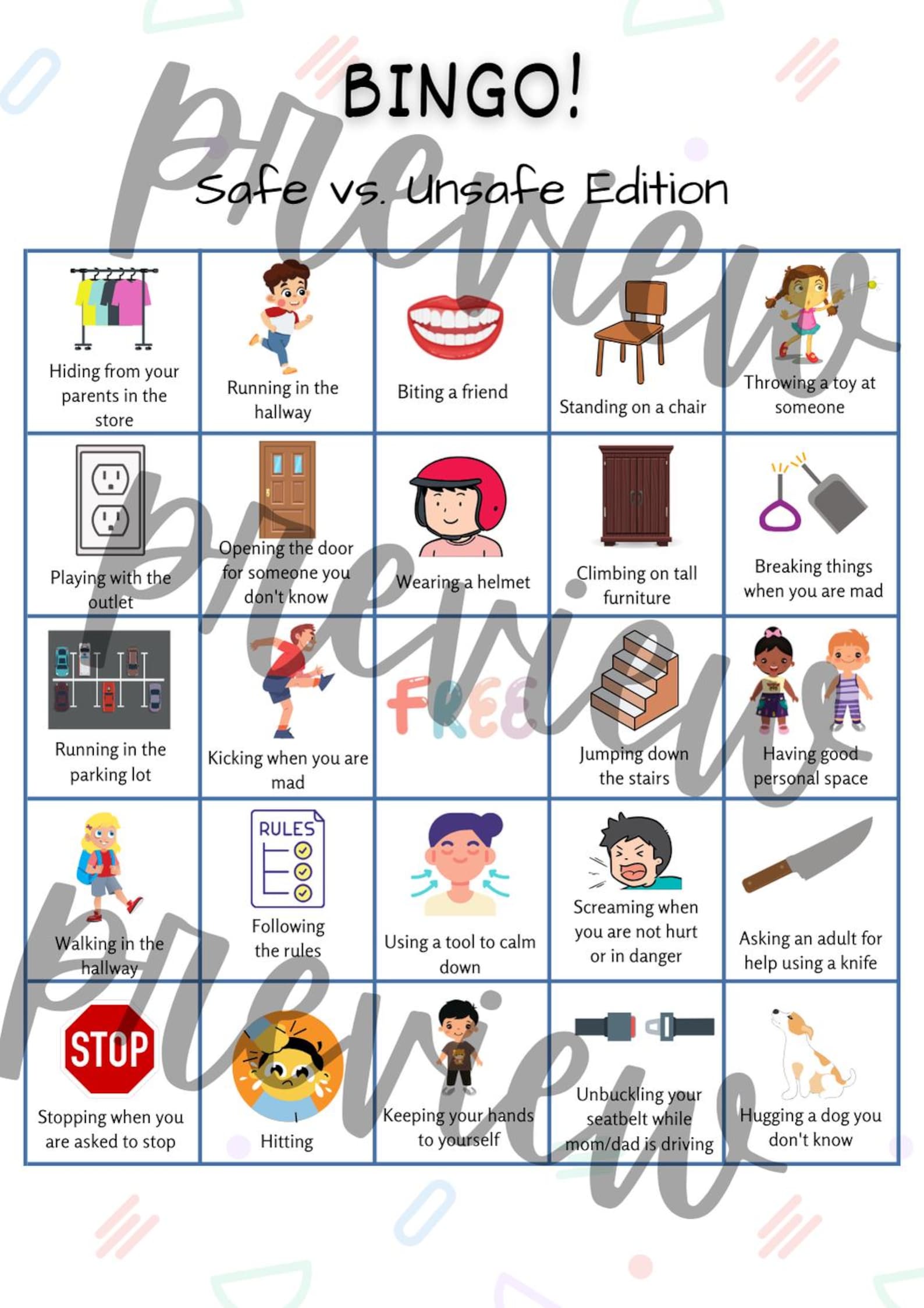 Safe Vs. Unsafe Bingo Game, Safety Awareness for Kids, Safety Awareness ...