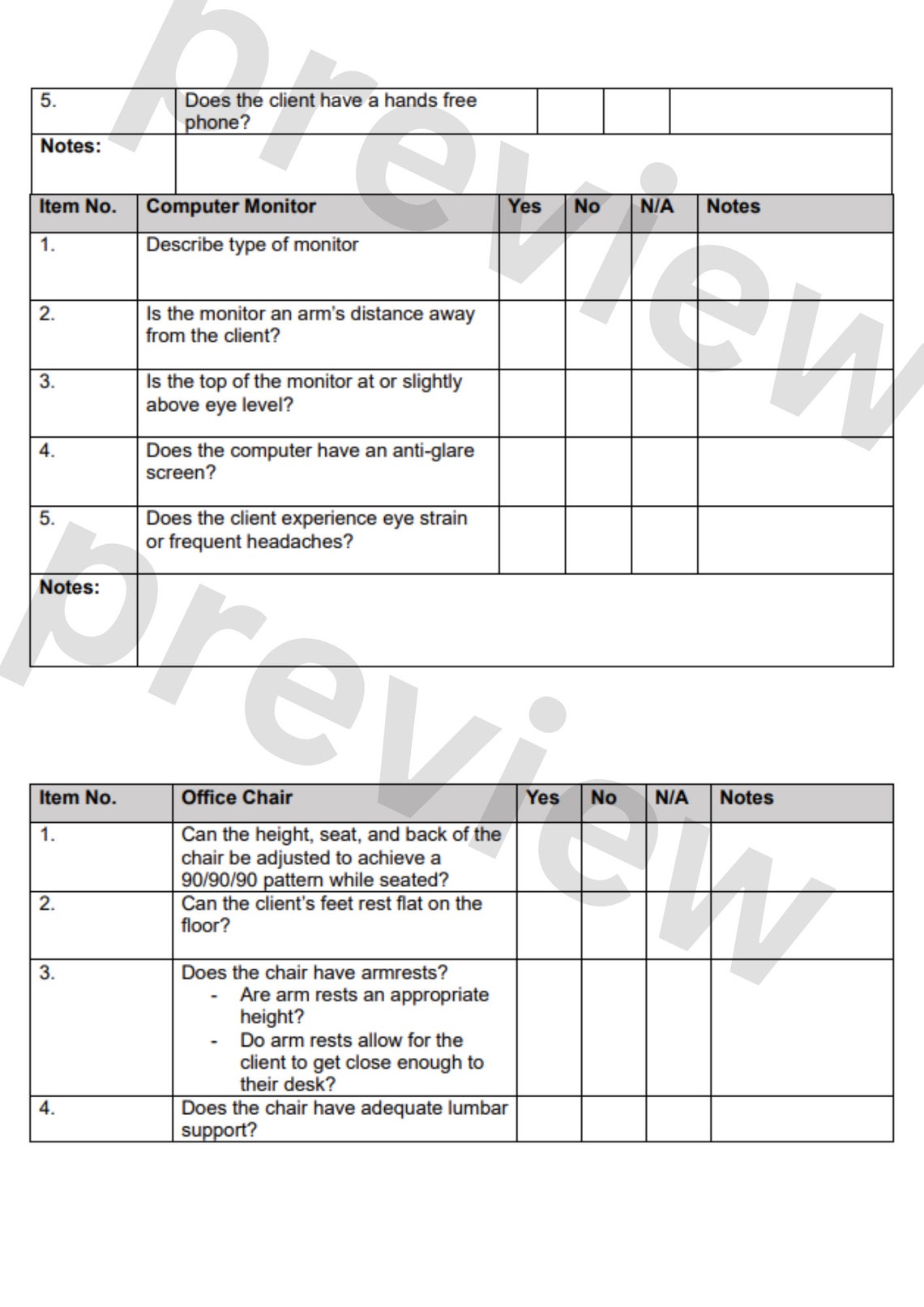 Ergonomic Workstation Assessment Template; Occupational Therapy ...