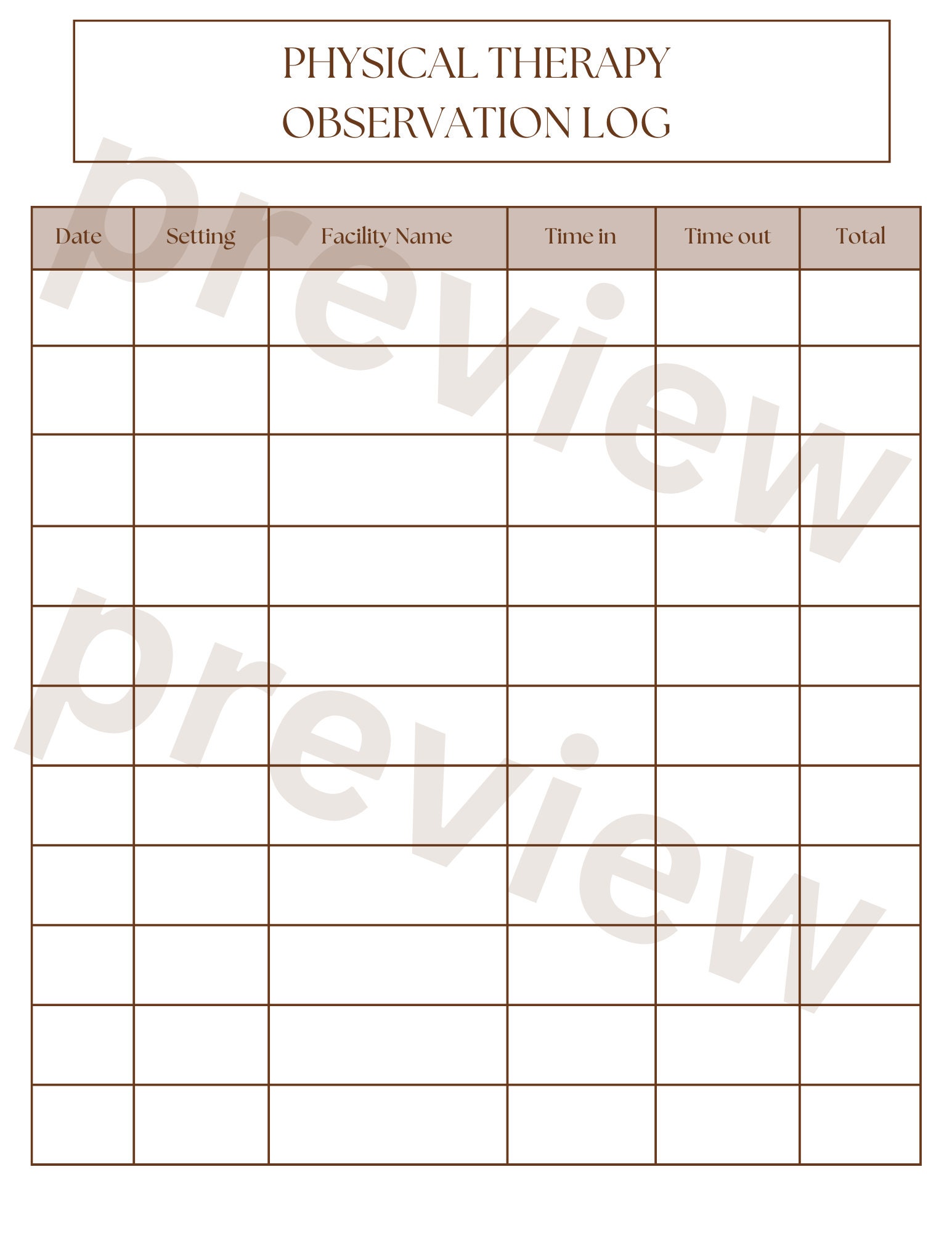 Physical Therapy Observation Hour Log, PT Observation Hour Log, PT Hour ...