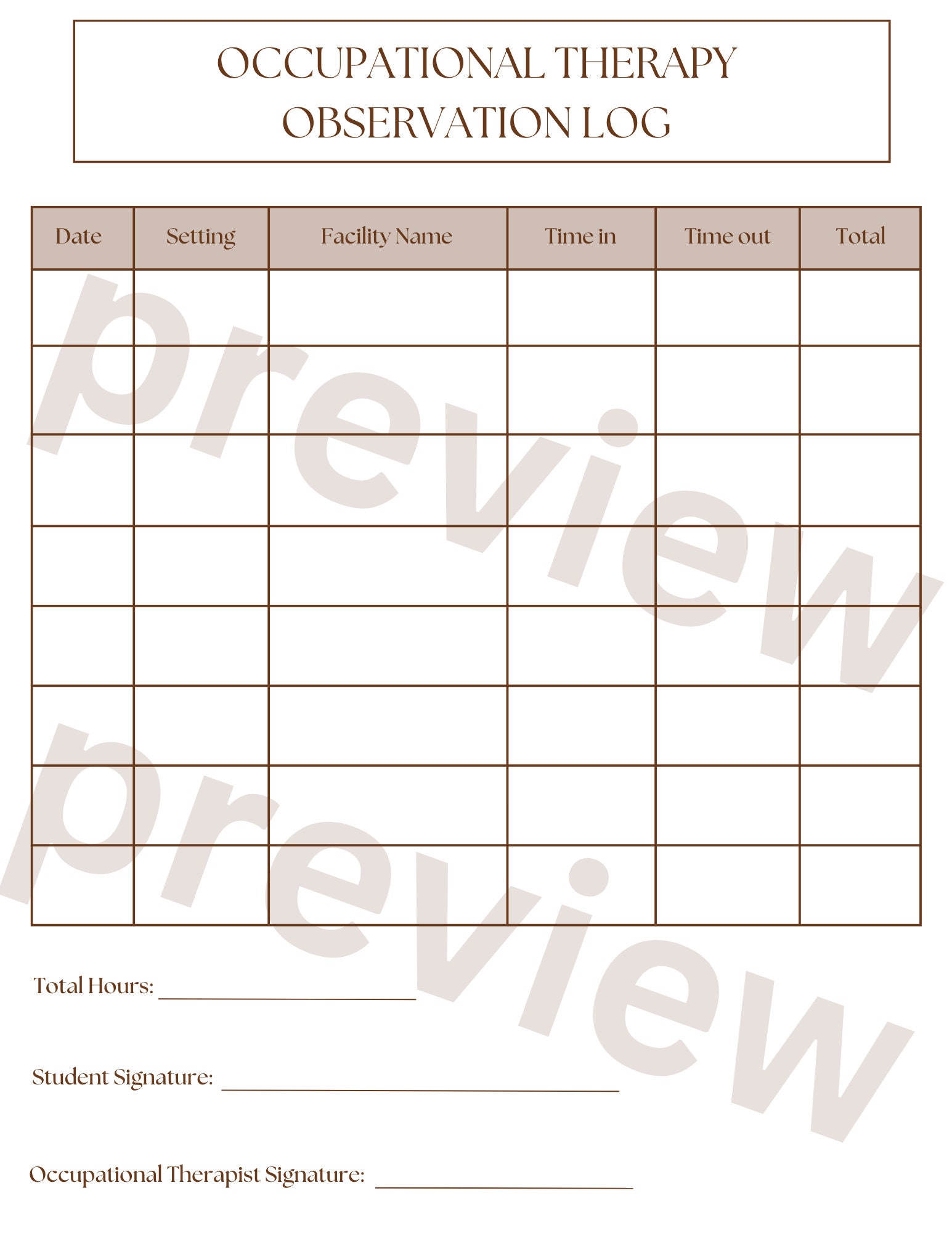 Occupational Therapy Student Observation Hours Log, COTA Observation ...