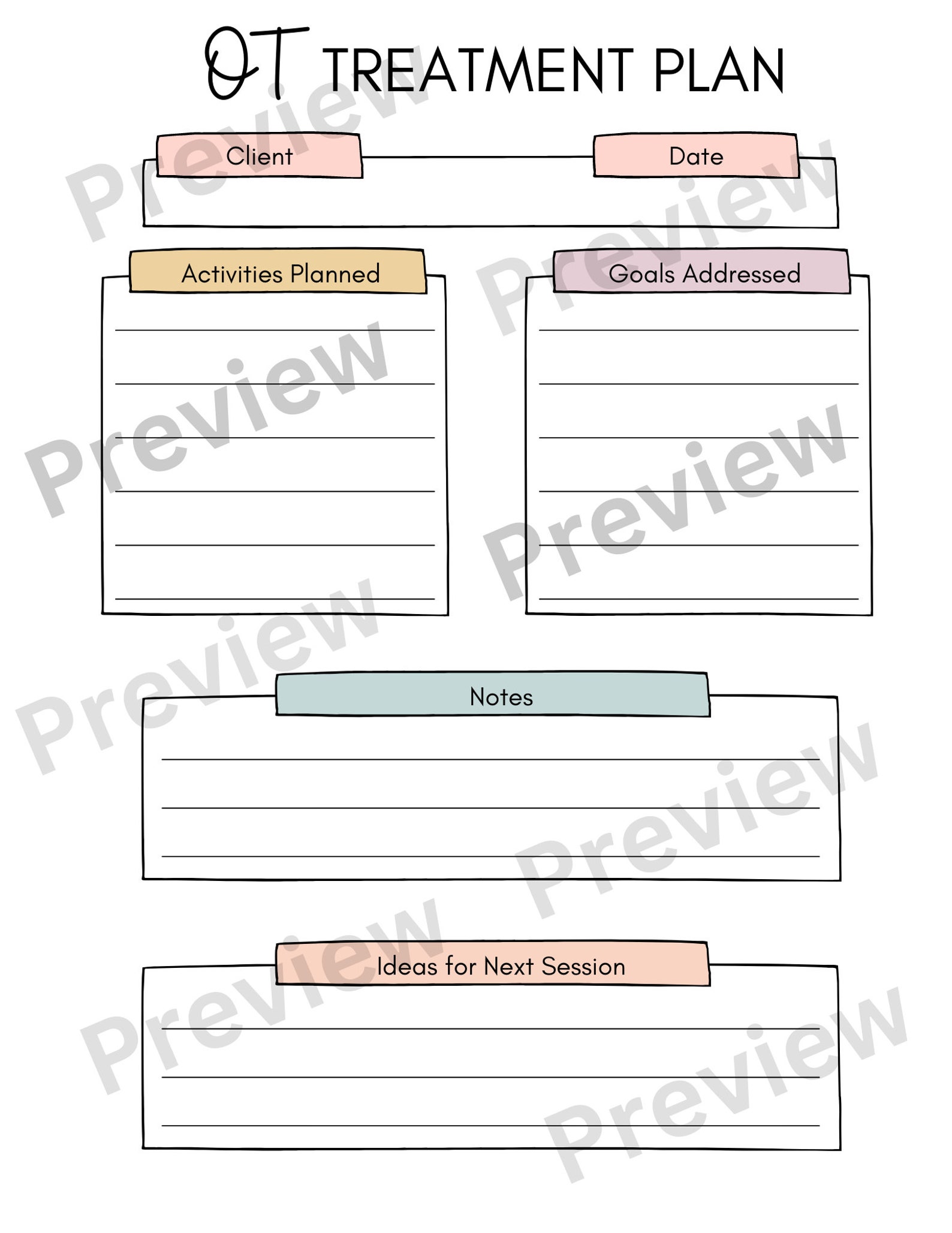 Occupational Therapy Treatment Plan Templates; Pediatric OT Treatment ...