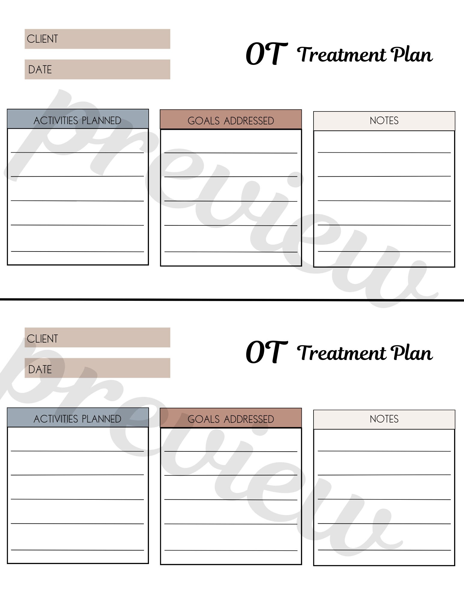 Occupational Therapy Treatment Plan Templates; Pediatric OT Treatment ...