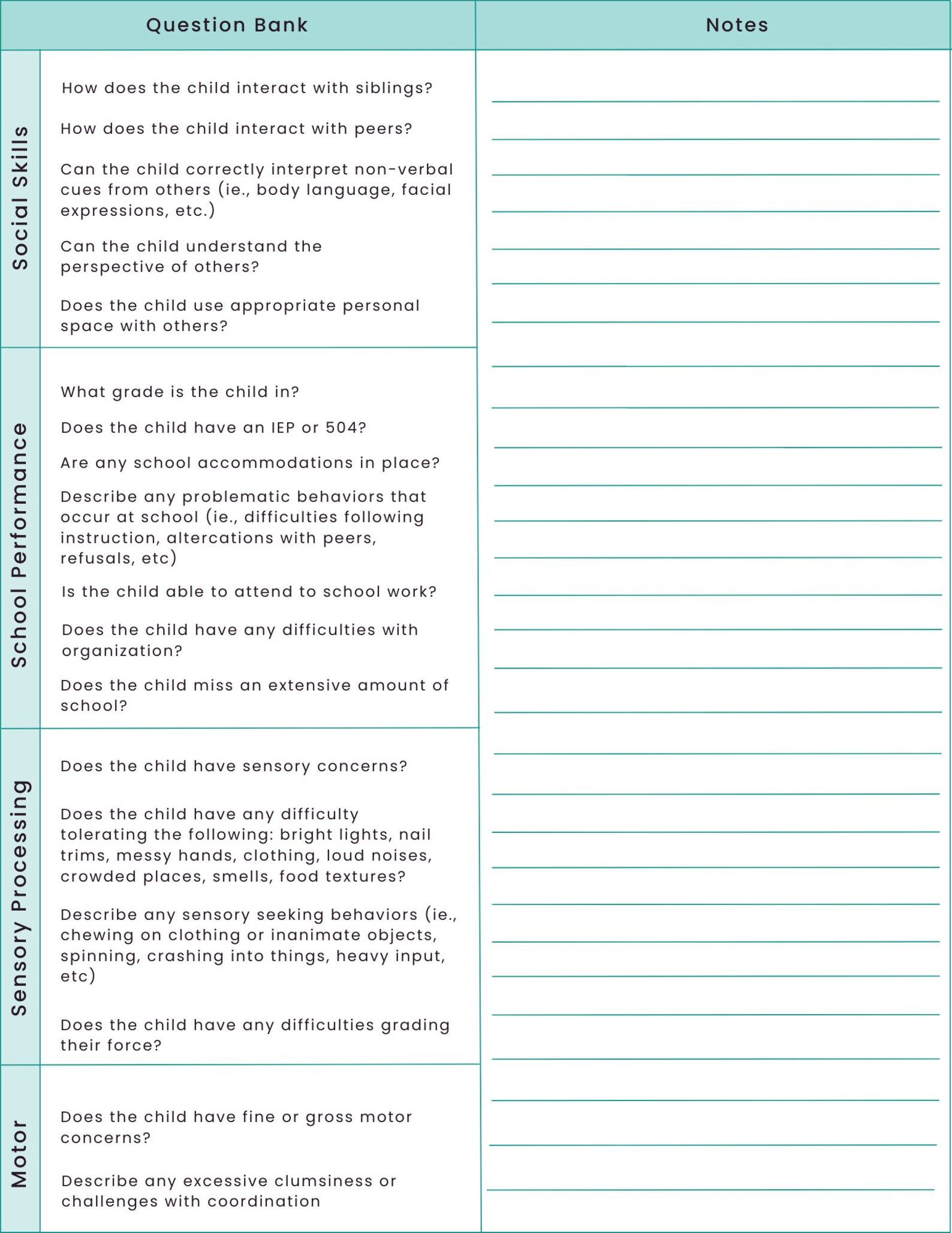 Pediatric Occupational Therapy Parent Interview Form - Etsy