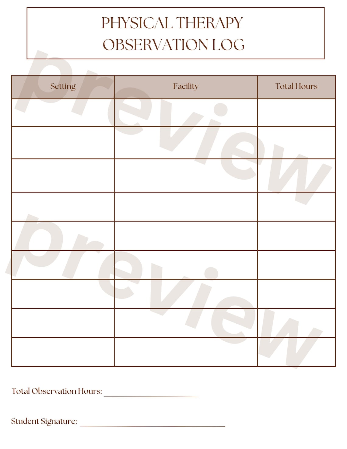 Physical Therapy Observation Hour Log, PT Observation Hour Log, PT Hour ...