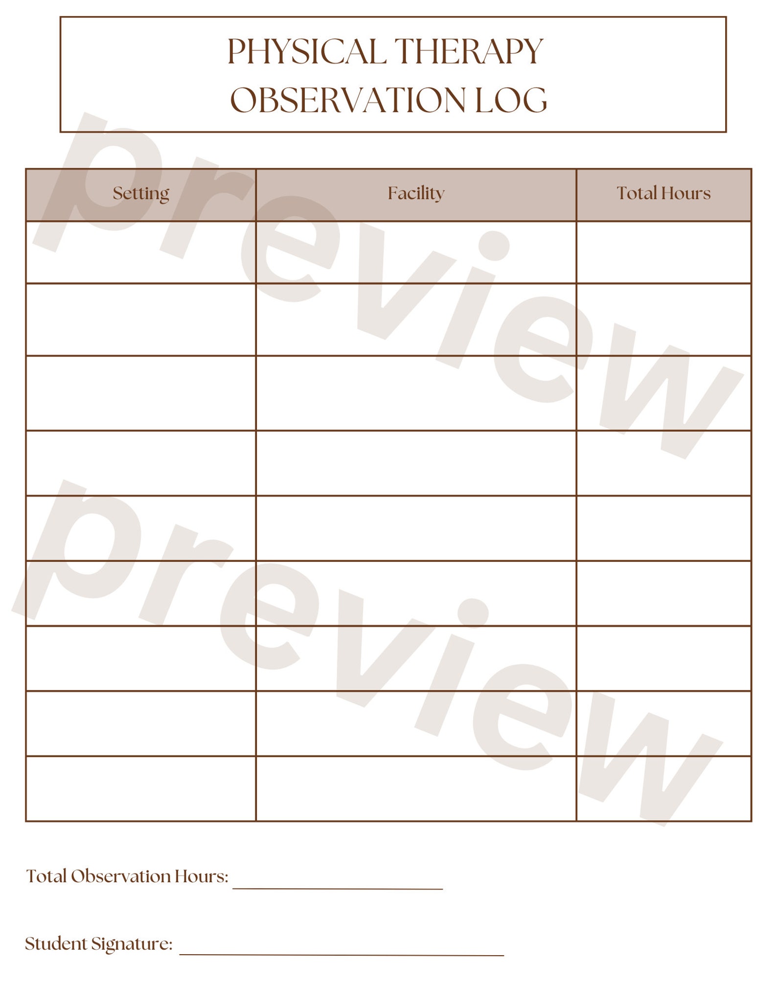 Physical Therapy Observation Hour Log, PT Observation Hour Log, PT Hour ...