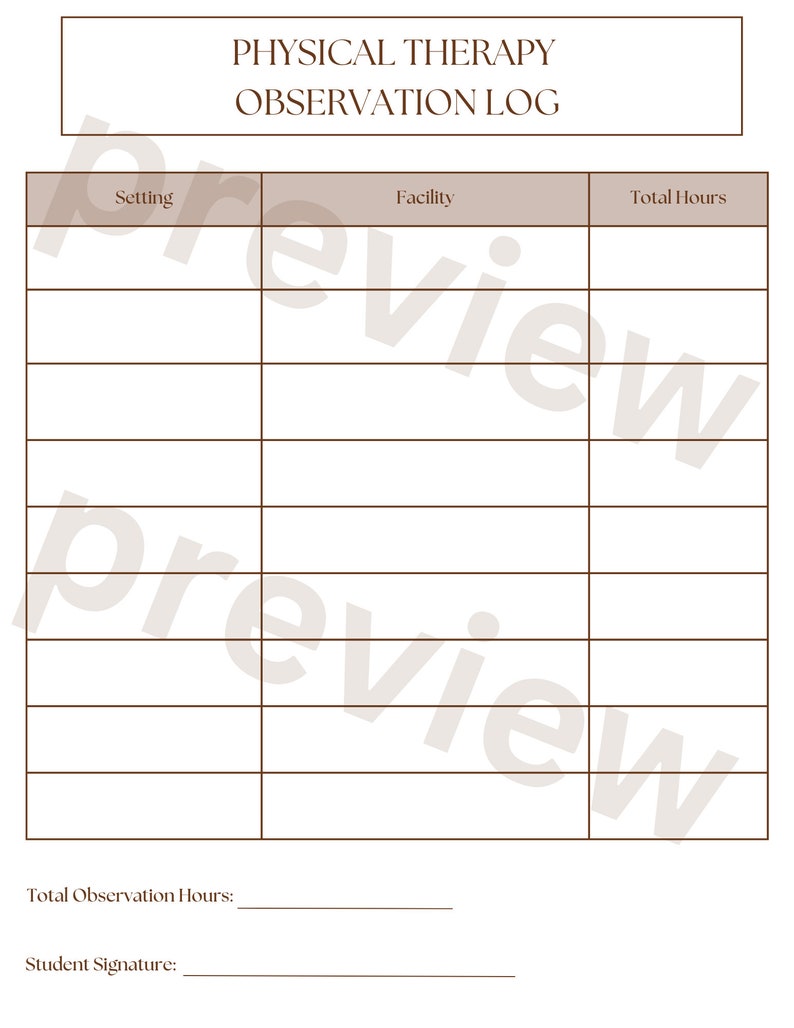 Physical Therapy Observation Hour Log, PT Observation Hour Log, PT Hour ...