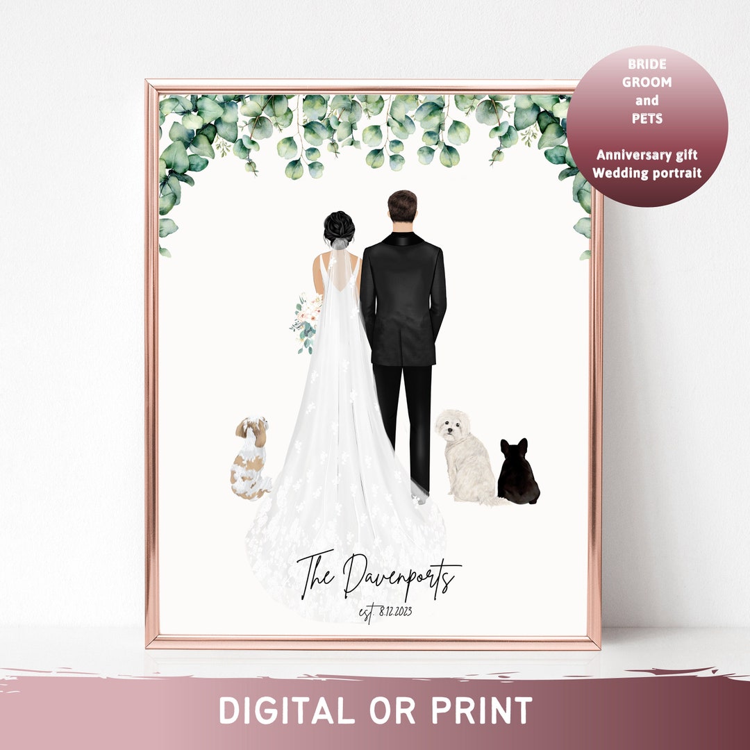 Personalized Wedding Portrait Print: Bride, Groom & Dog Keepsake ...