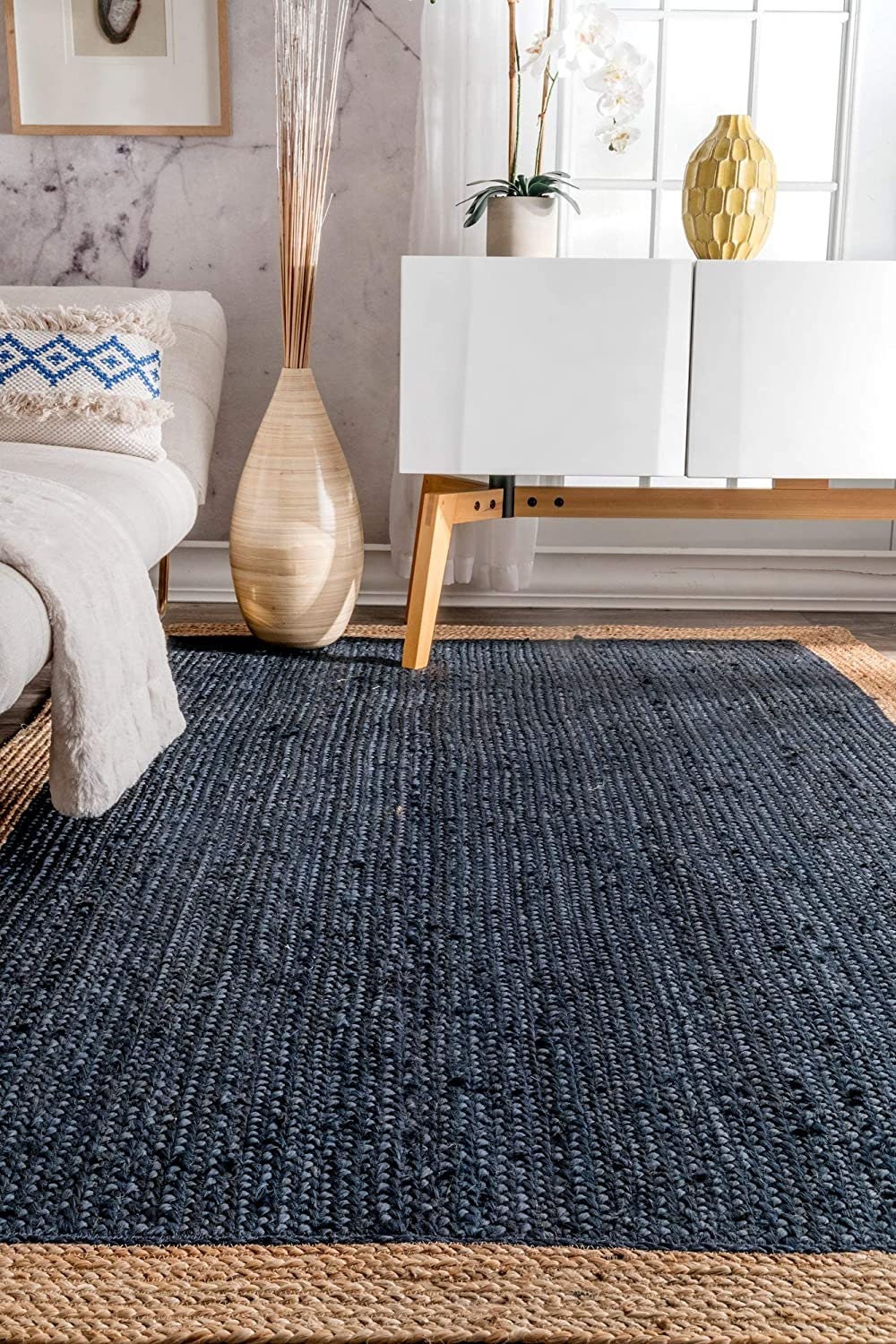 Genuine Blue Jute Rug With Beige Border, Rectangle Braided Large Area ...