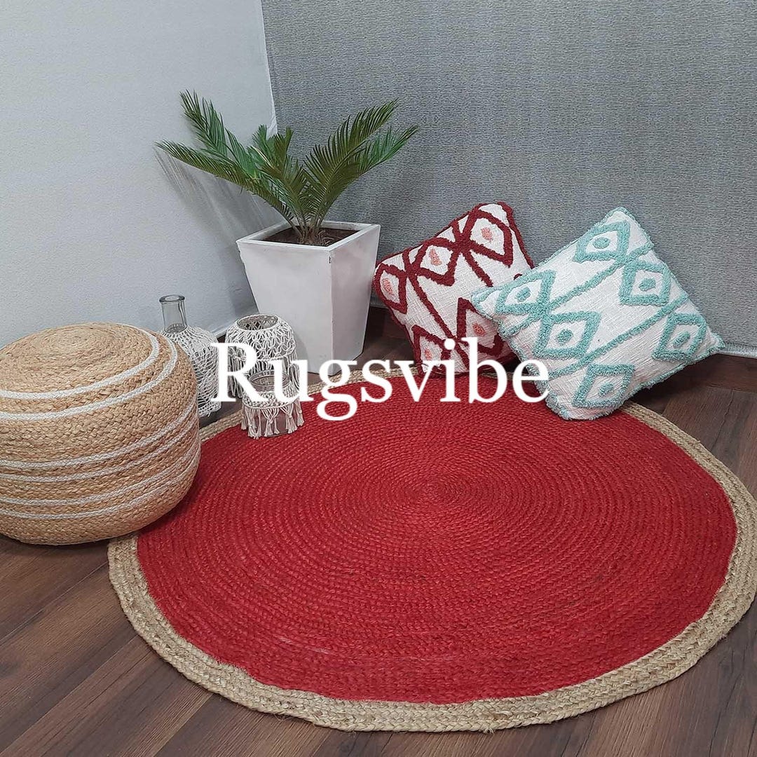 Natural Red Jute Rug With Brown Border, Round Braided Area Rug/floor ...