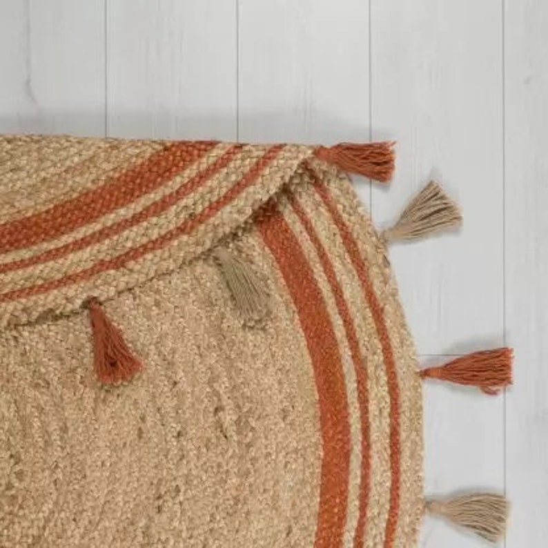100% Genuine Brown Jute Rug With Orange Border, Round Braided Area Rug ...
